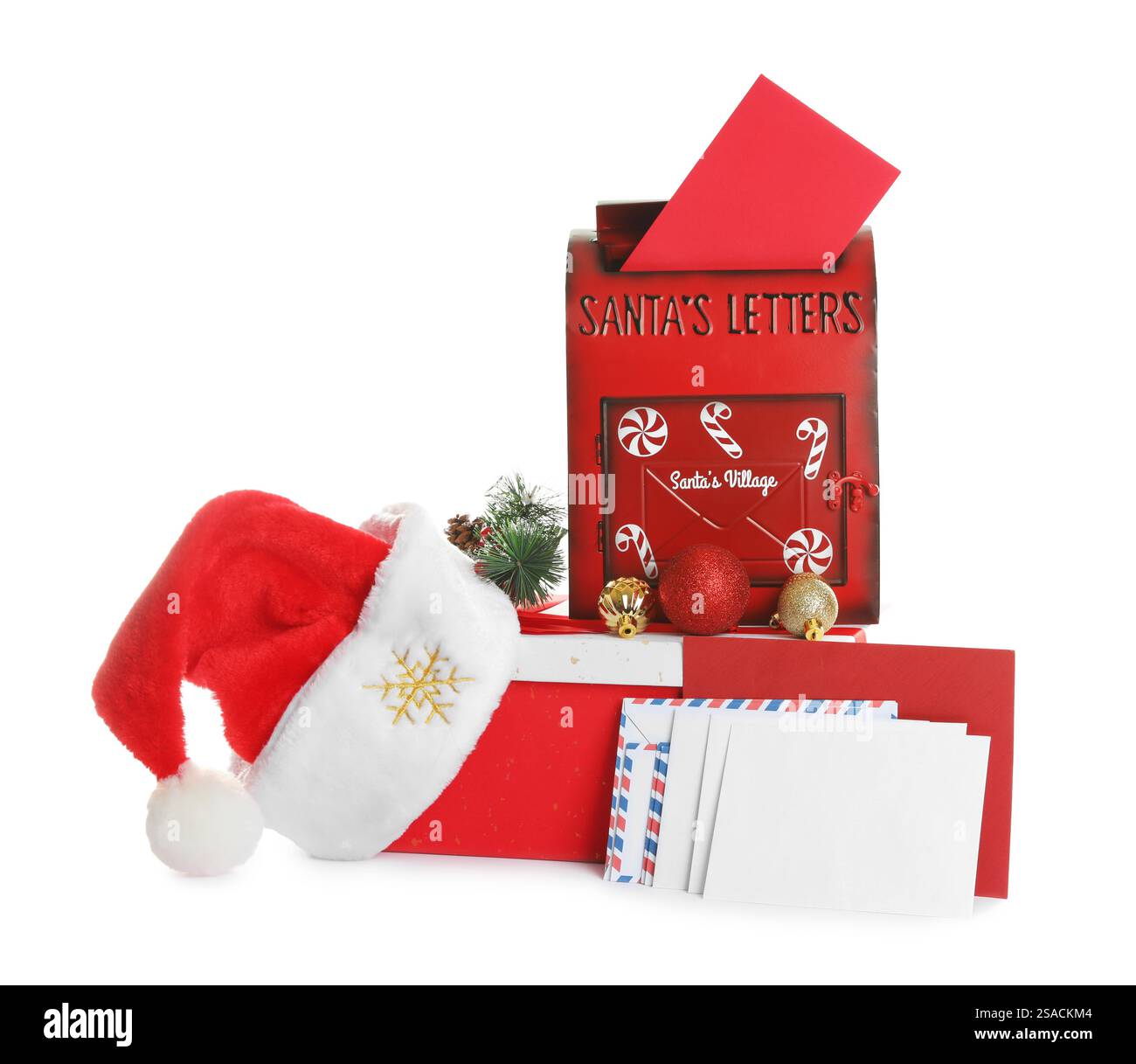 Santa Claus mail box with hat, gift and letters isolated on white ...