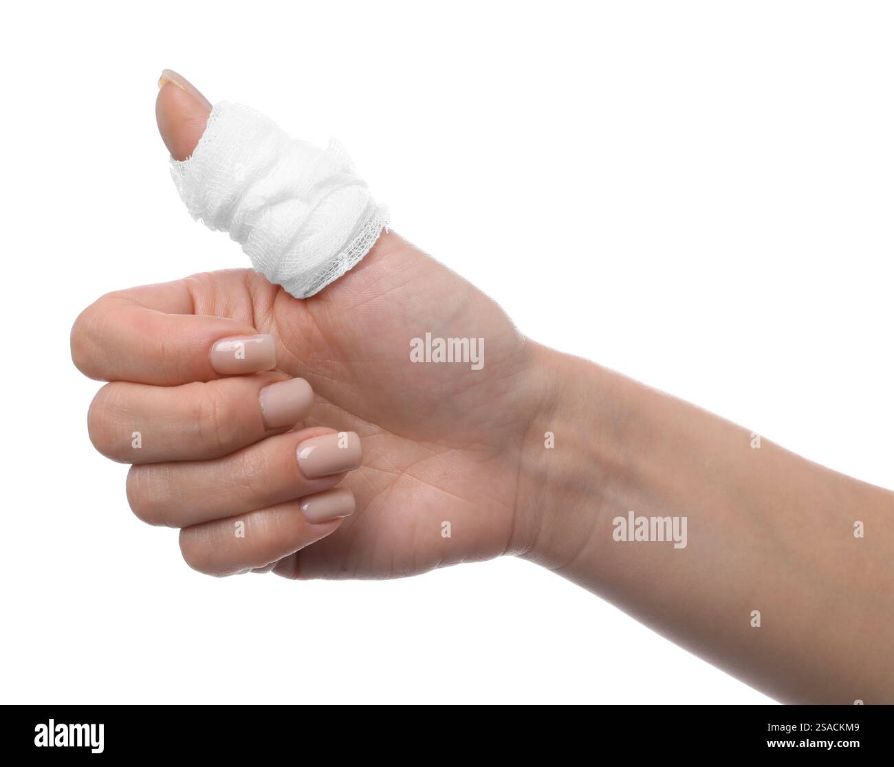 Woman with medical bandage on finger showing thumbs up against white ...