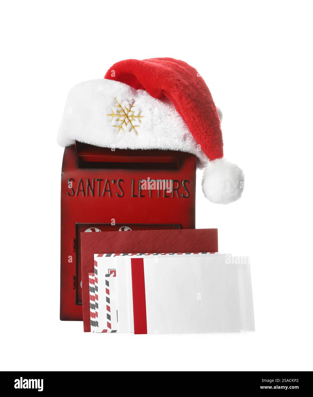 Santa Claus mail box with hat and letters isolated on white. Christmas ...