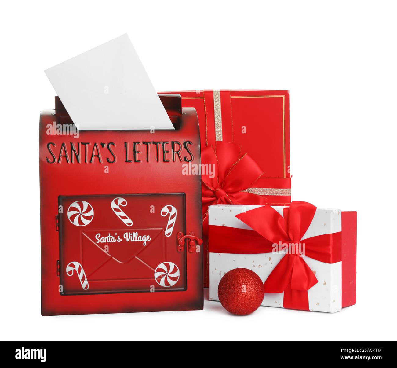 Santa Claus mail box with letter and gifts isolated on white. Christmas ...