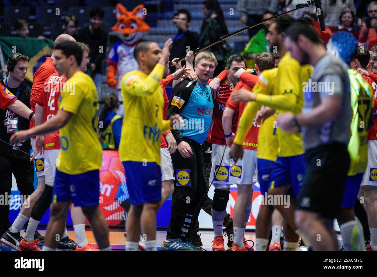 Fornebu 20250129. Denmark's Emil Nielsen celebrates during the quarter ...