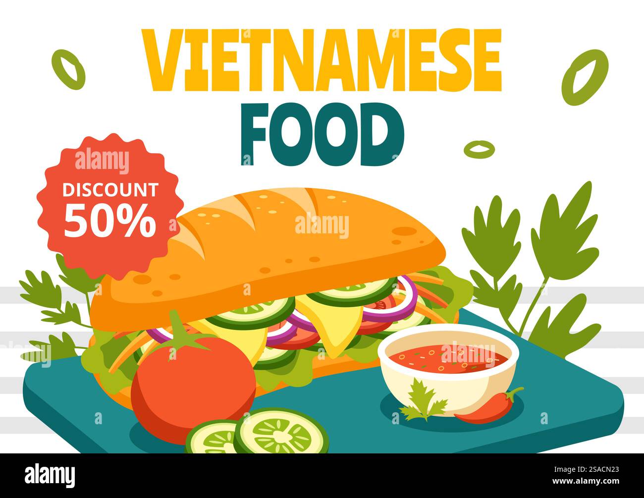 Vietnamese Food Social Media Background Illustration Flat Cartoon Hand ...