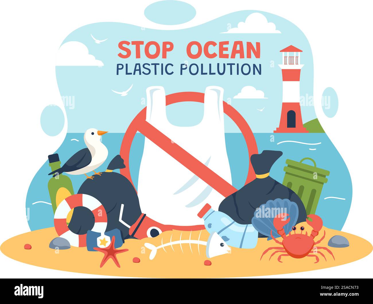 Stop Ocean Plastic Pollution Vector Illustration with Trash Under the ...