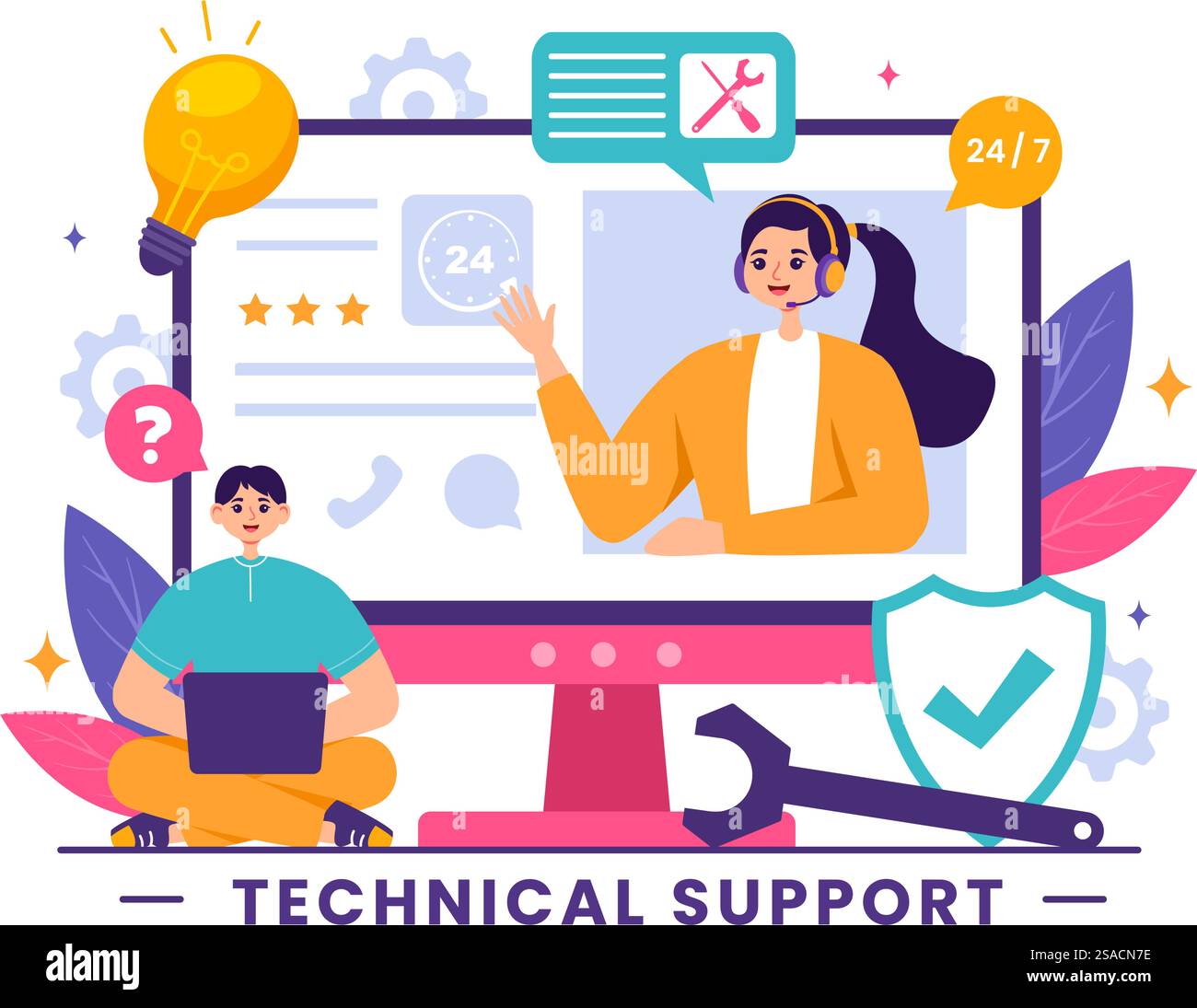 Vector Illustration of a Technical Support System featuring Software ...