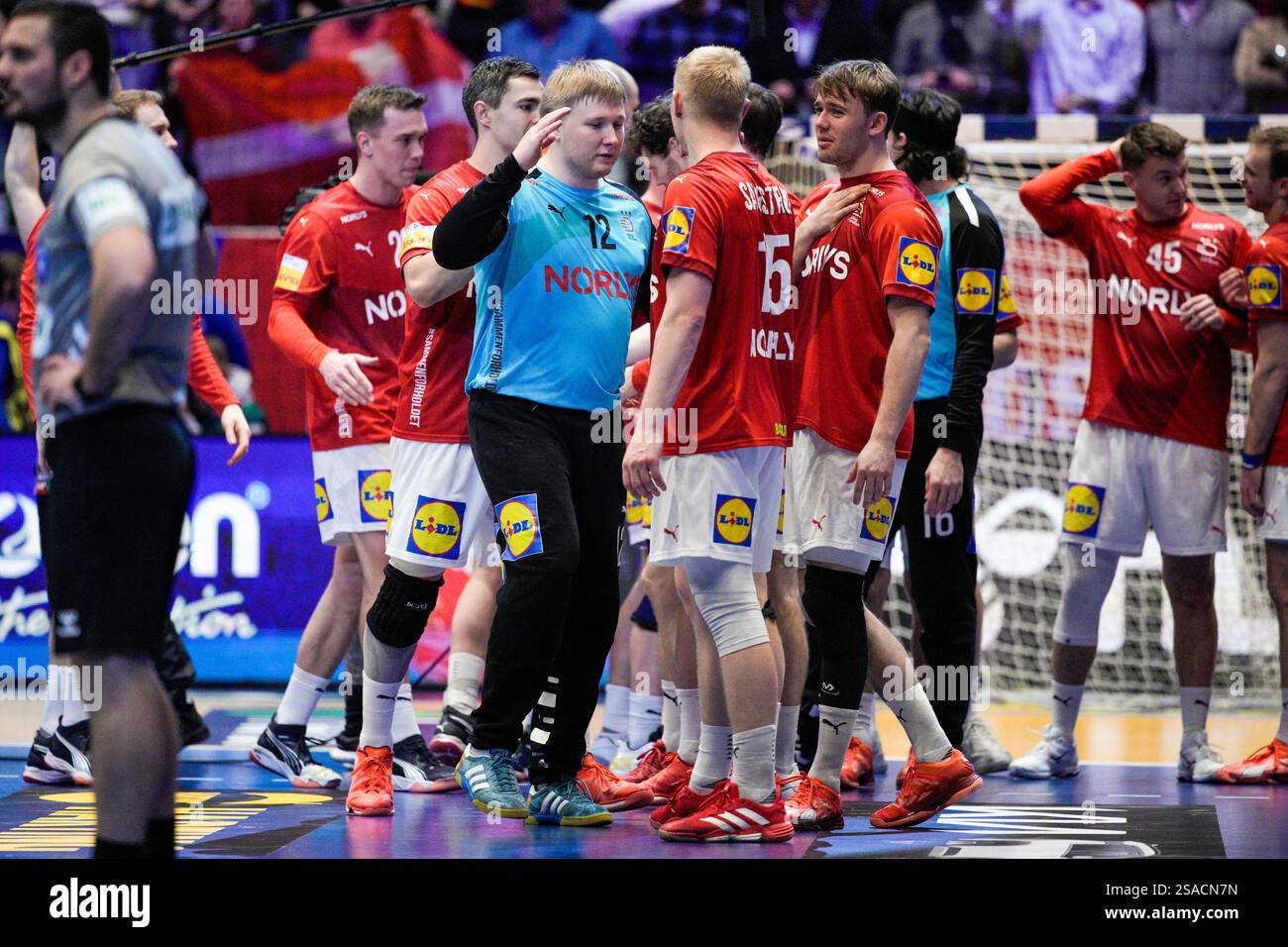 Fornebu 20250129. Denmark's Emil Nielsen celebrates during the quarter ...