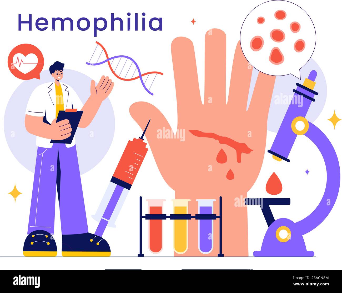Hemophilia Vector Illustration Featuring a Doctor Examining an Injured Knee or Joint and Blood ...