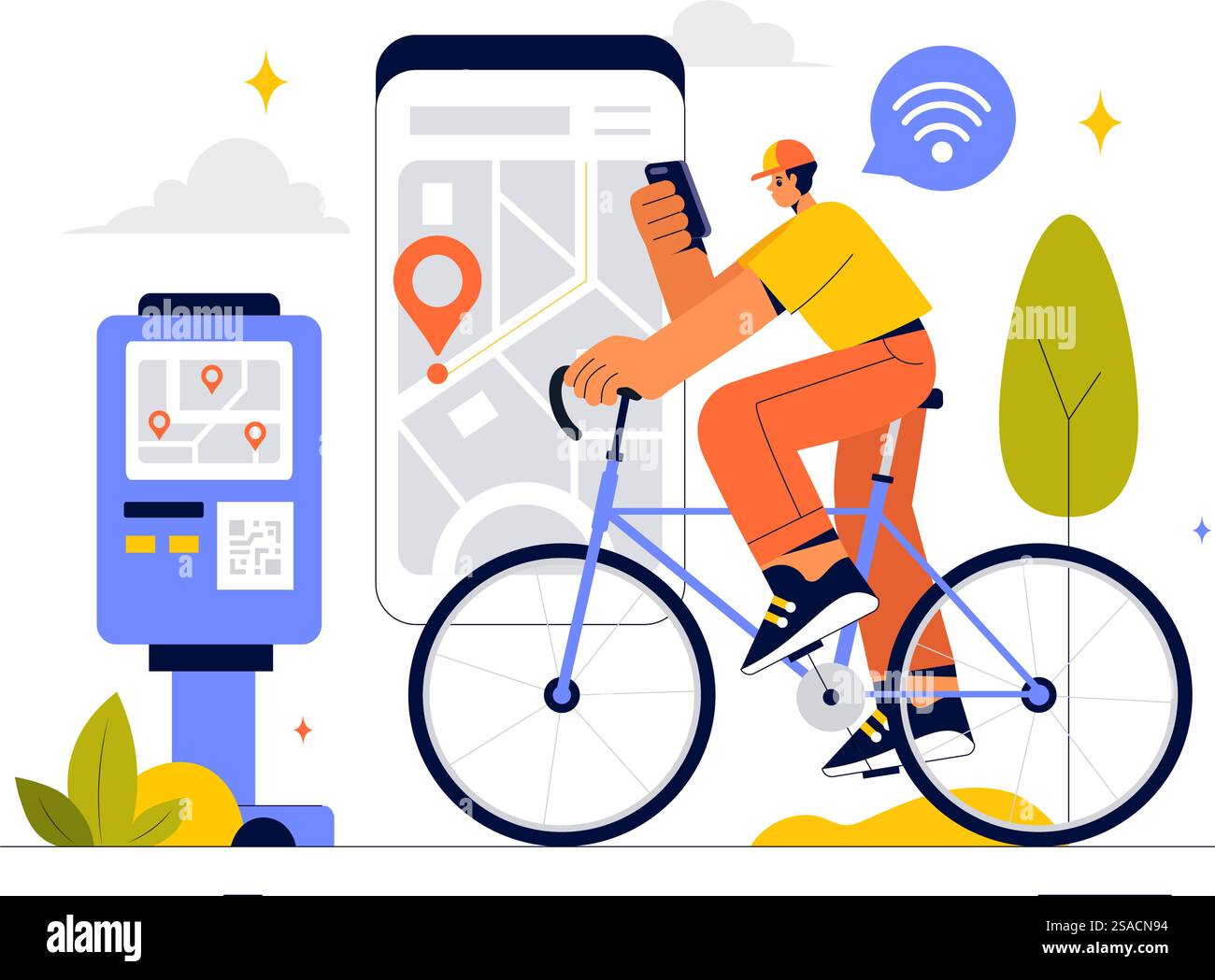 Smart Bike Vector Illustration featuring a Navigation App with a Map, Location Pin, and Tracking ...