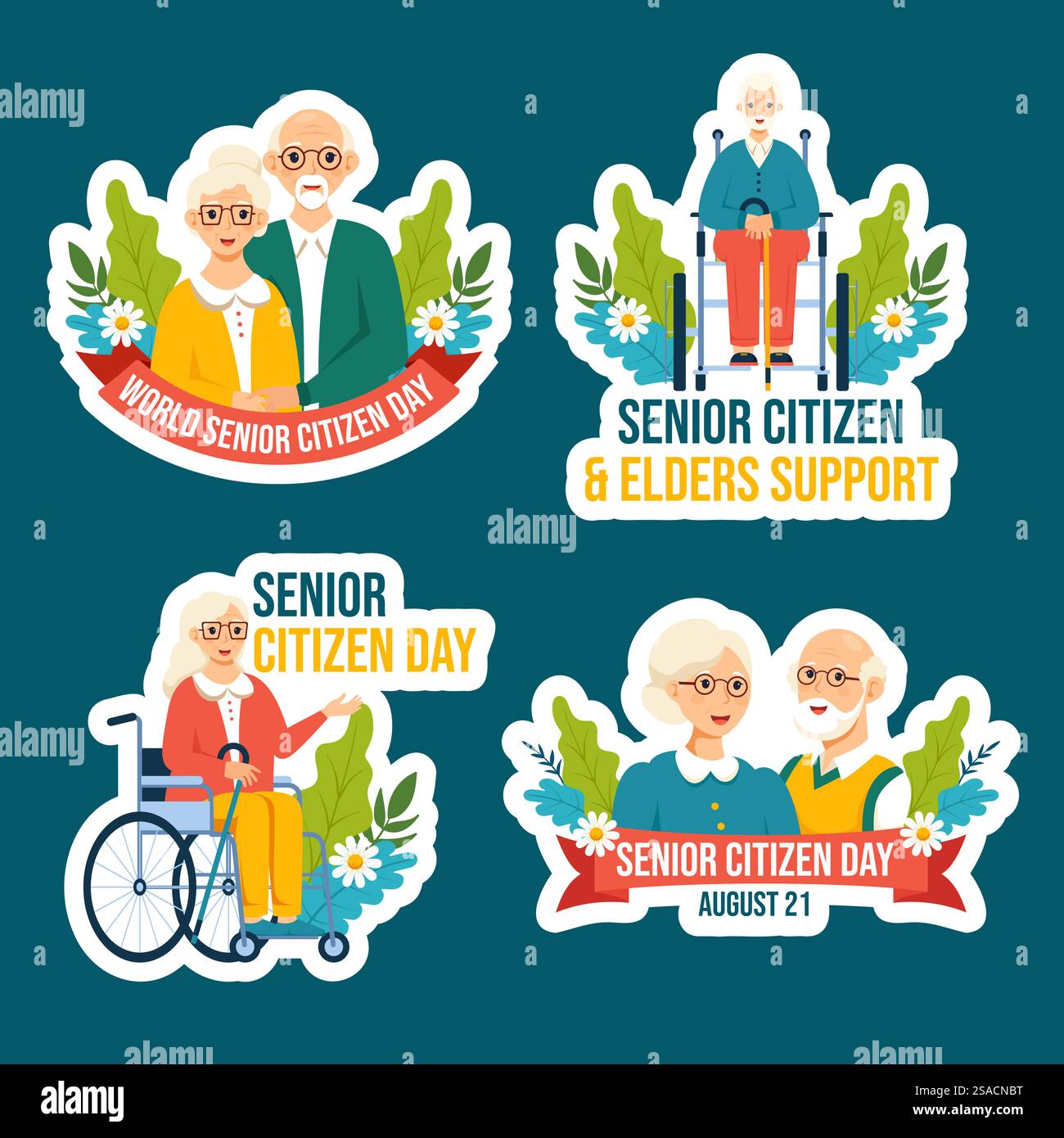 Senior Citizen Day Label Flat Cartoon Hand Drawn Templates Background ...