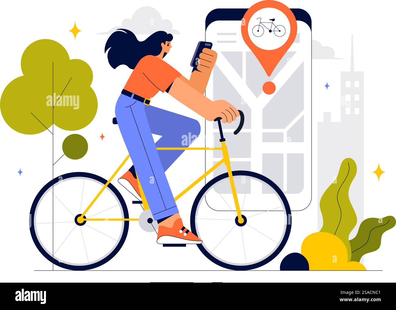 Smart Bike Vector Illustration featuring a Navigation App with a Map, Location Pin, and Tracking ...