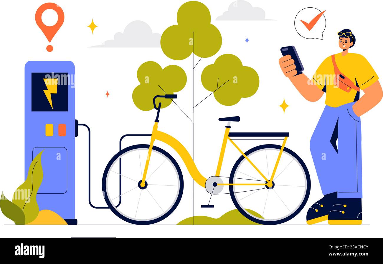 Smart Bike Vector Illustration featuring a Navigation App with a Map ...