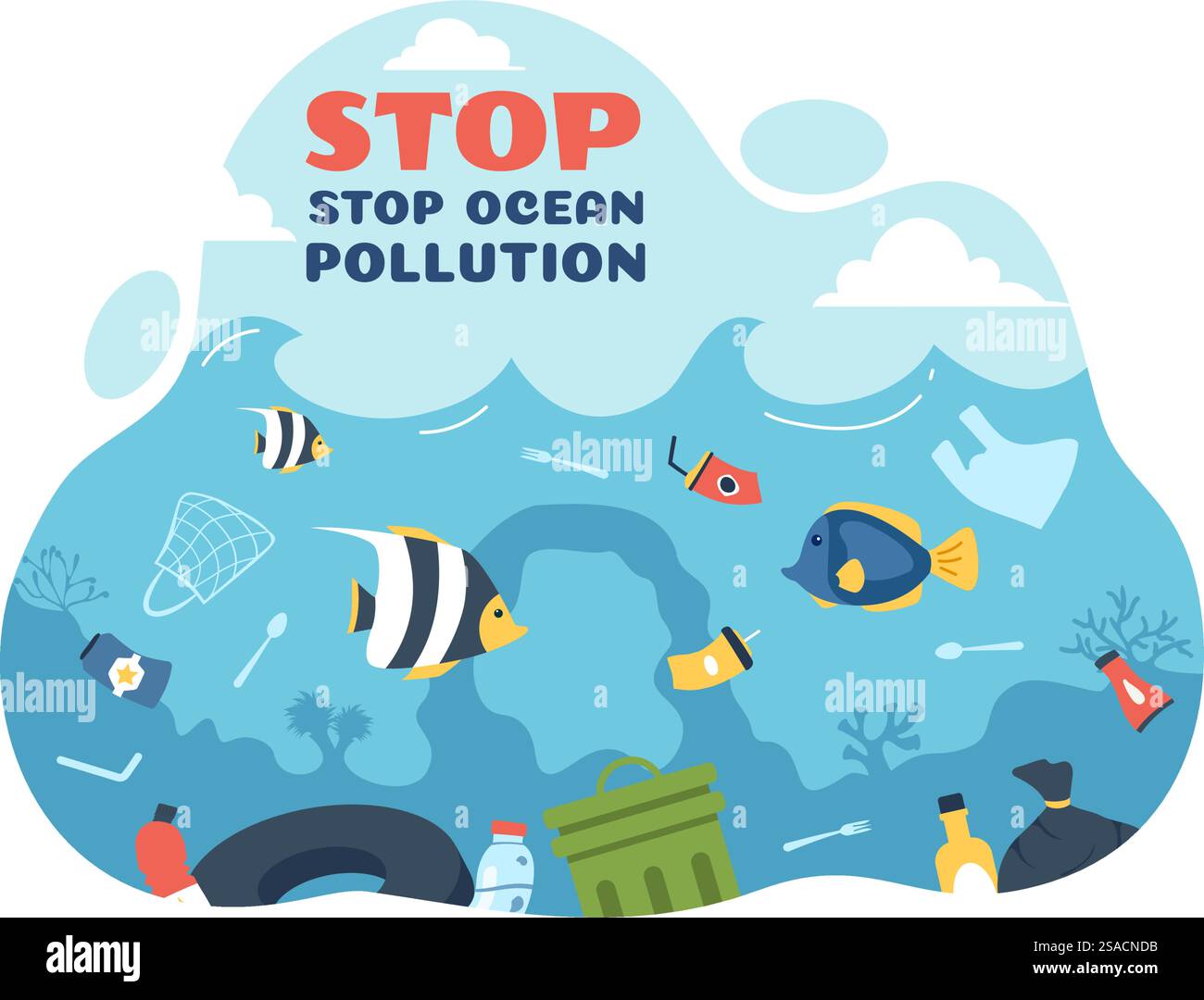Stop Ocean Plastic Pollution Vector Illustration with Trash Under the Sea like a Waste Bags and ...
