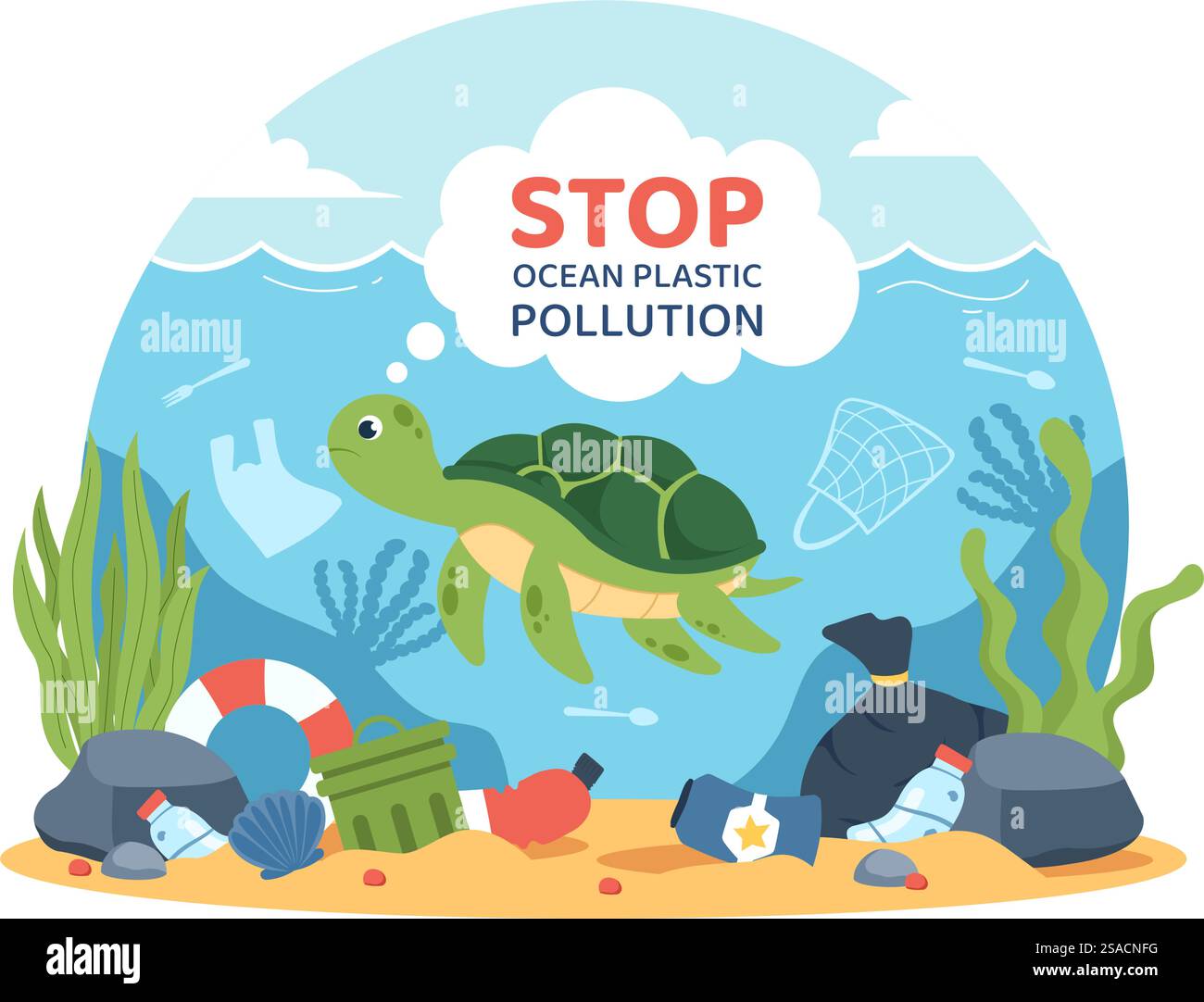 Stop Ocean Plastic Pollution Vector Illustration with Trash Under the Sea like a Waste Bags and ...