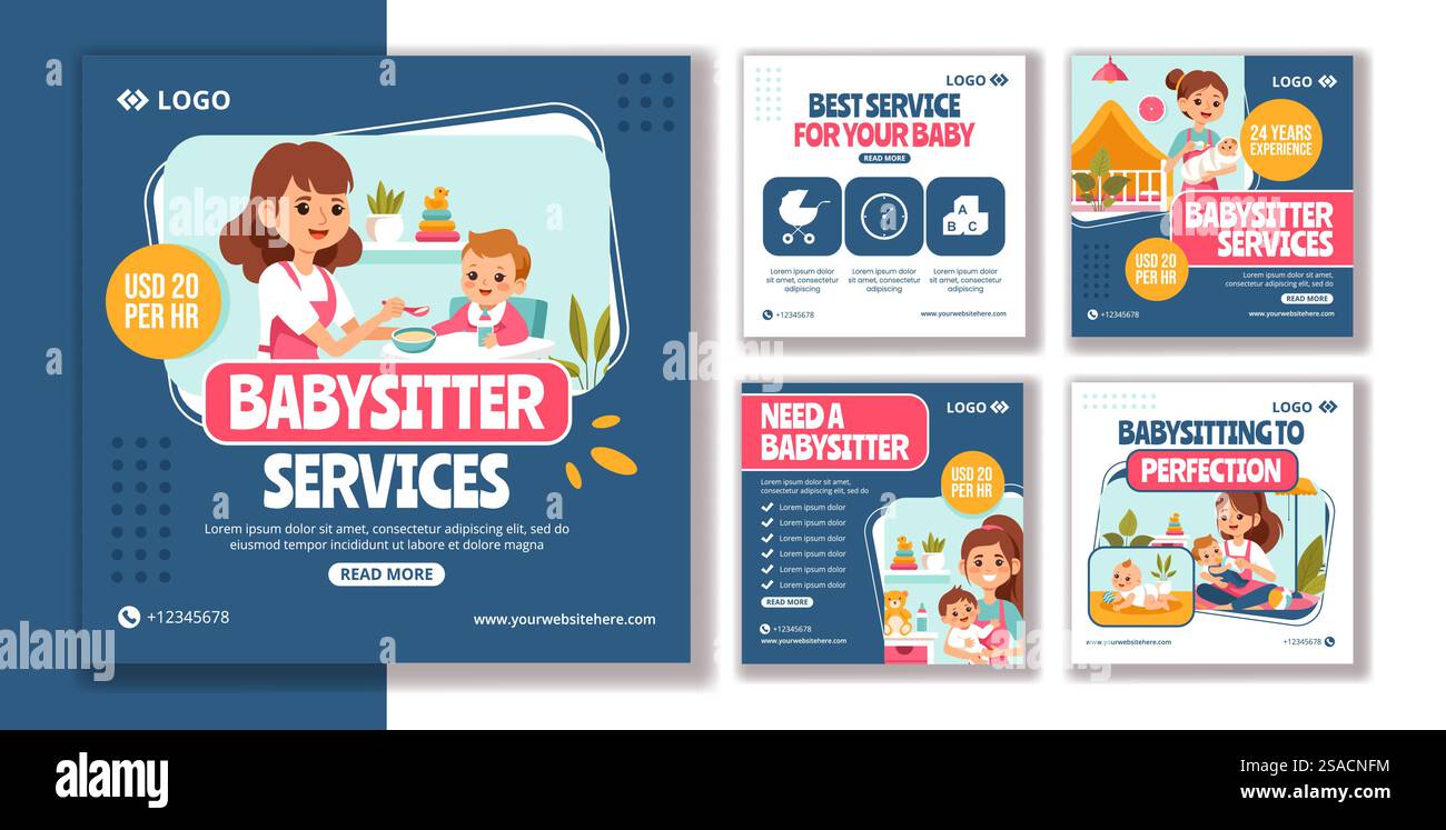 Babysitter or Nanny Services Social Media Post Flat Cartoon Hand Drawn ...