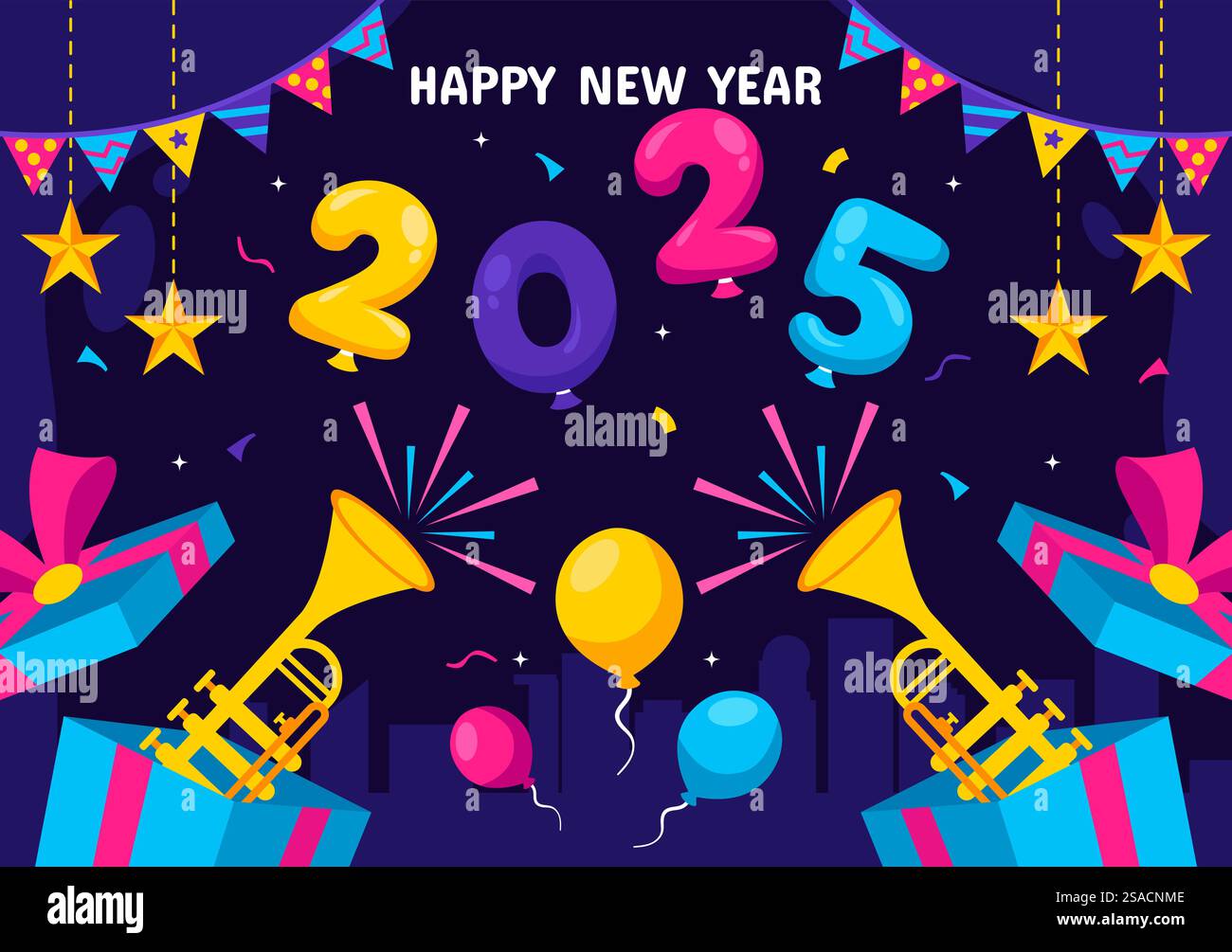 Happy New Year 2025 Celebration Vector Illustration featuring Trumpets ...