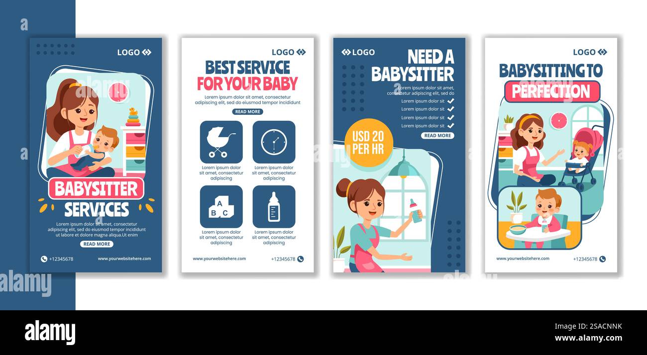 Babysitter or Nanny Services Social Media Stories Flat Cartoon Hand ...