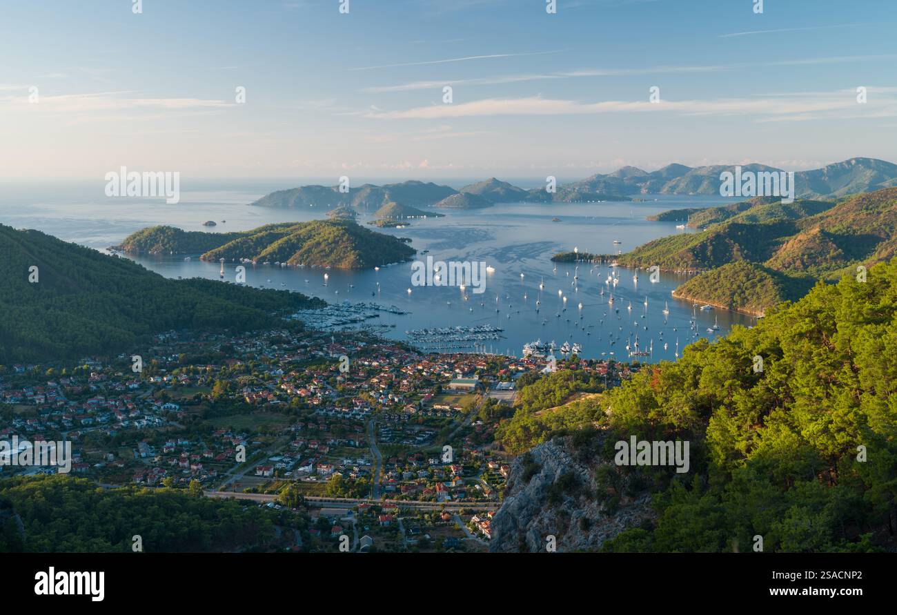 Wide angle panoramic morning view of Gocek bay from the hill. Gocek is ...