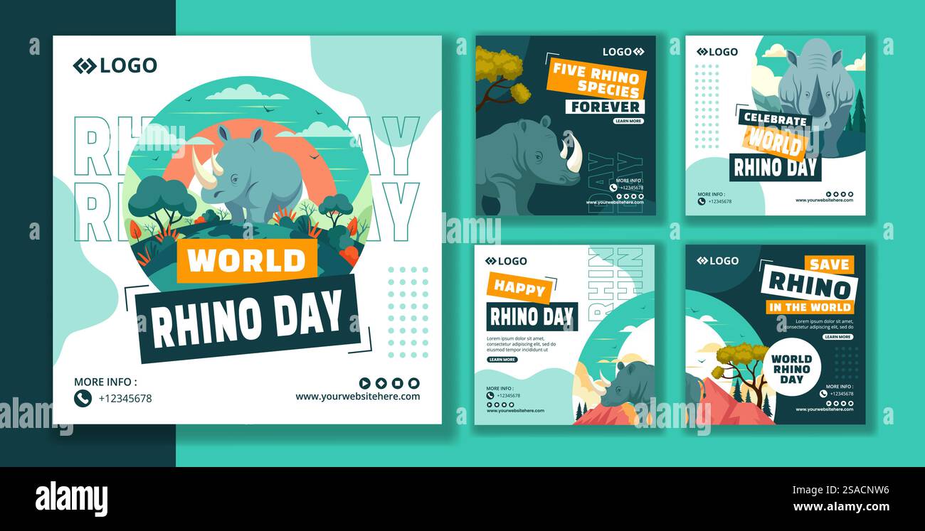 Rhino Day Social Media Post Flat Cartoon Hand Drawn Templates ...