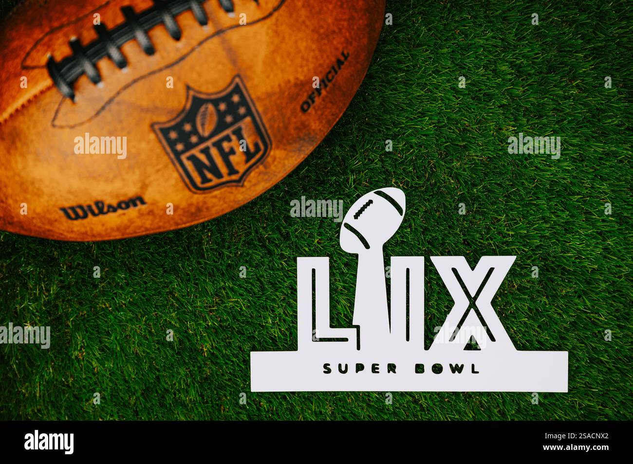 NEW ORLEANS, USA, JANUARY 27, 2025: LIX Super Bowl. Papercut white logo ...