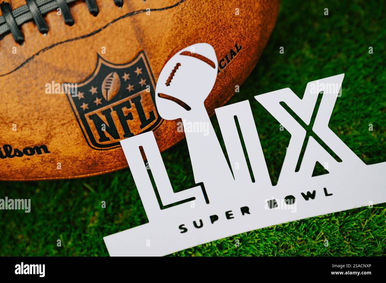 NEW ORLEANS, USA, JANUARY 27, 2025: LIX Super Bowl. Papercut white logo ...