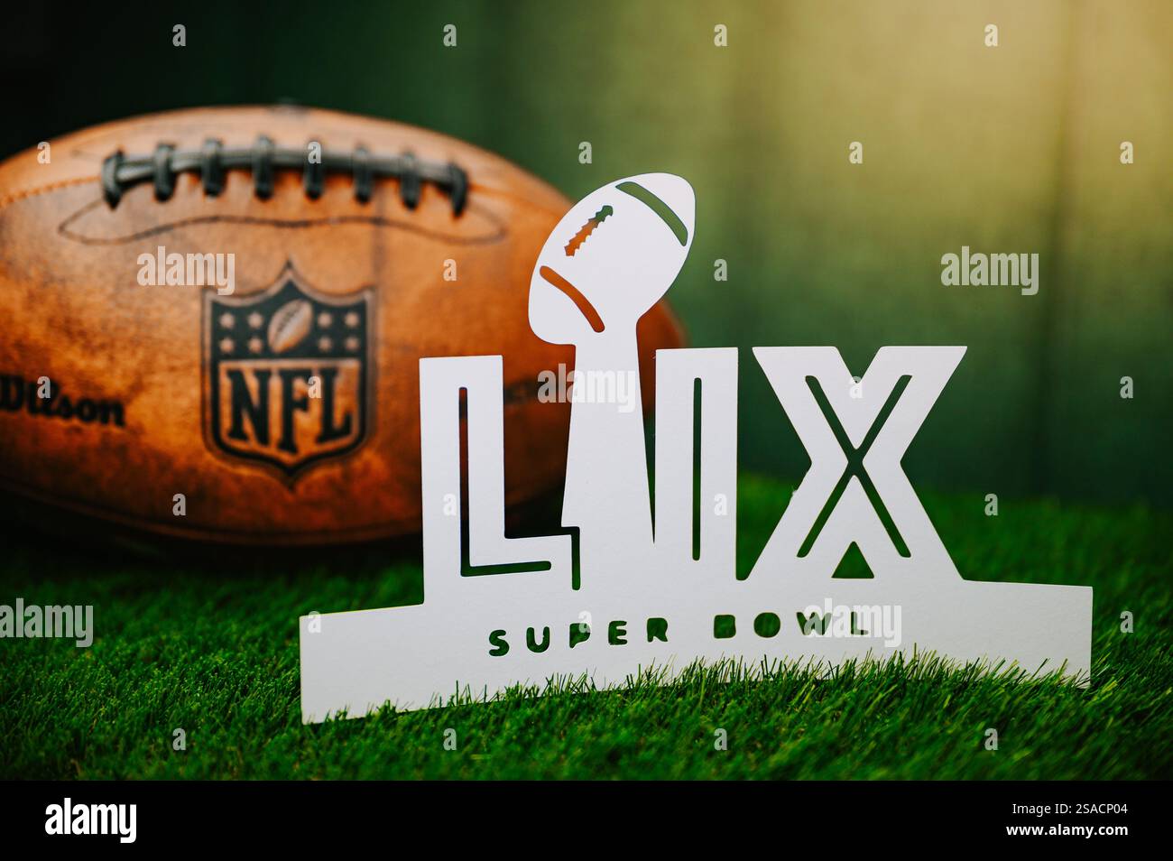 NEW ORLEANS, USA, JANUARY 27, 2025: LIX Super Bowl. Papercut white logo ...