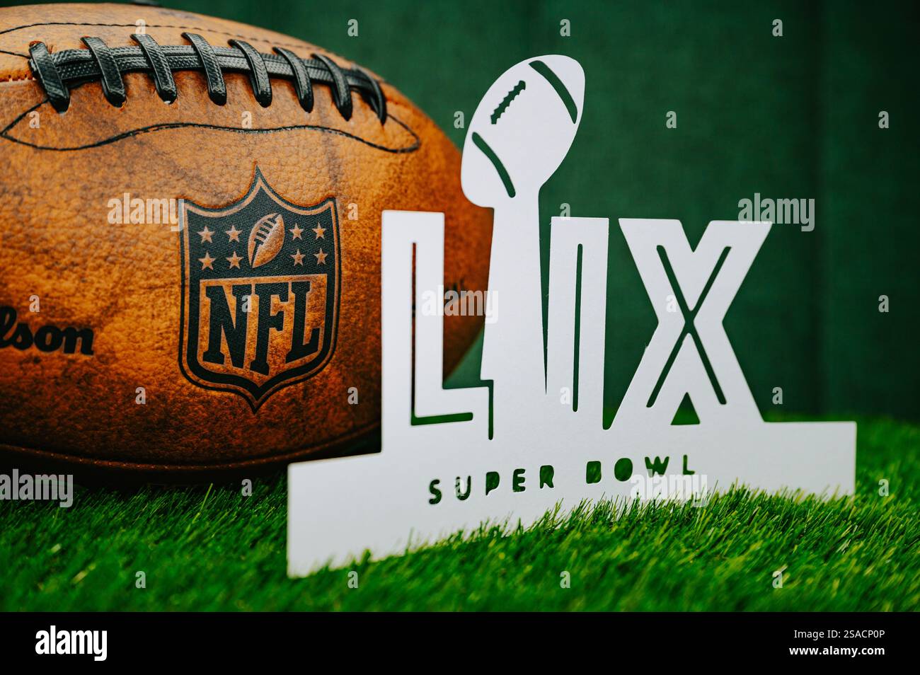 NEW ORLEANS, USA, JANUARY 27, 2025: LIX Super Bowl. Papercut white logo ...