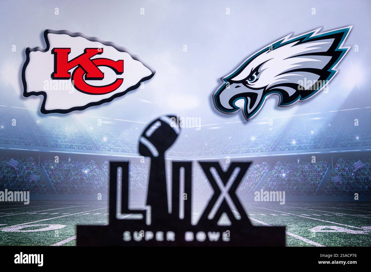 NEW ORLEANS, USA, JANUARY 27, 2025: LIX Super Bowl. Papercut white logo of NFL Finals for 2024 ...