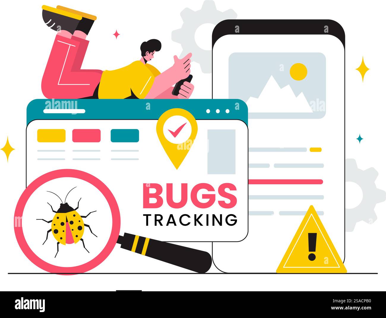 Vector Illustration Of A Bug Tracking Tool With Mobile Phone Protection From Computer Viruses In