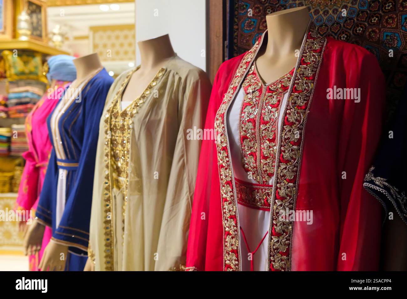 Traditional arabic women dress cloth displayed in an oriental shop ...