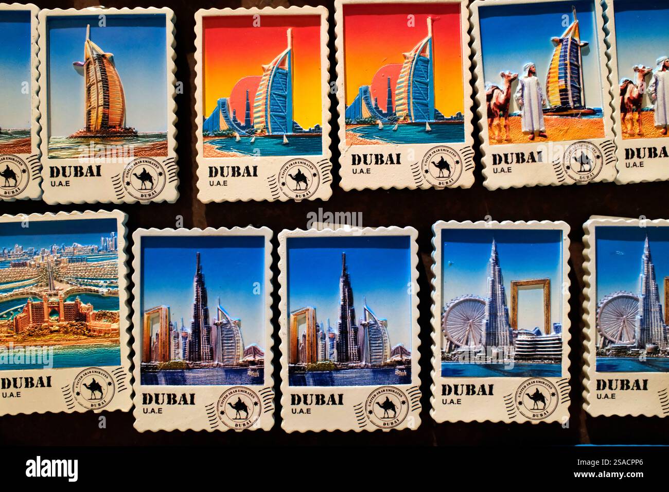 Souvenir shop in the Deira souk. Magnets. Dubai, UAE, United Arab ...