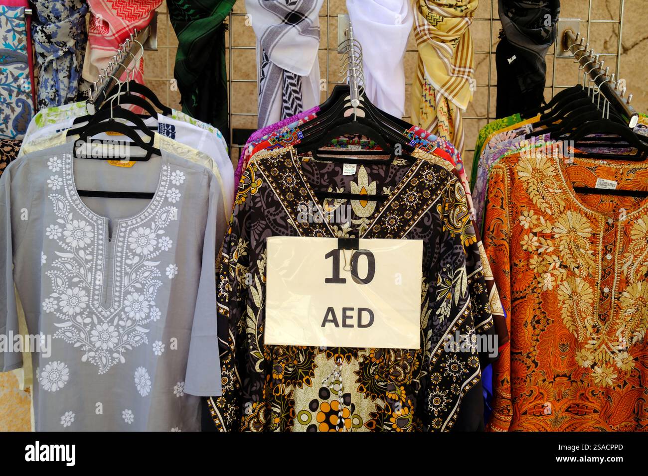 Traditional arabic women dress cloth displayed in an oriental shop ...
