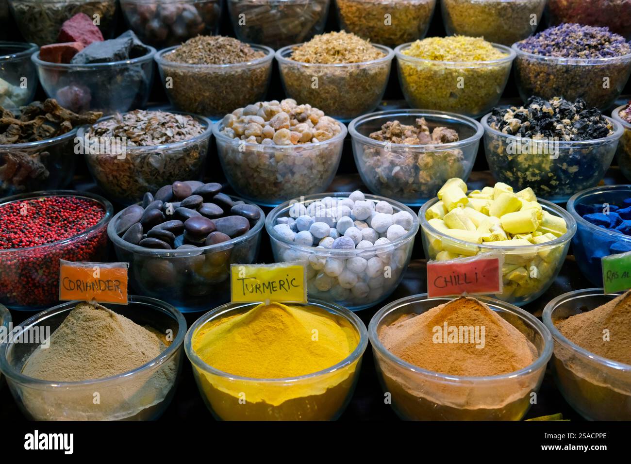 Arabian spices on display in a shop in the spice souk in Deira. Dubai ...