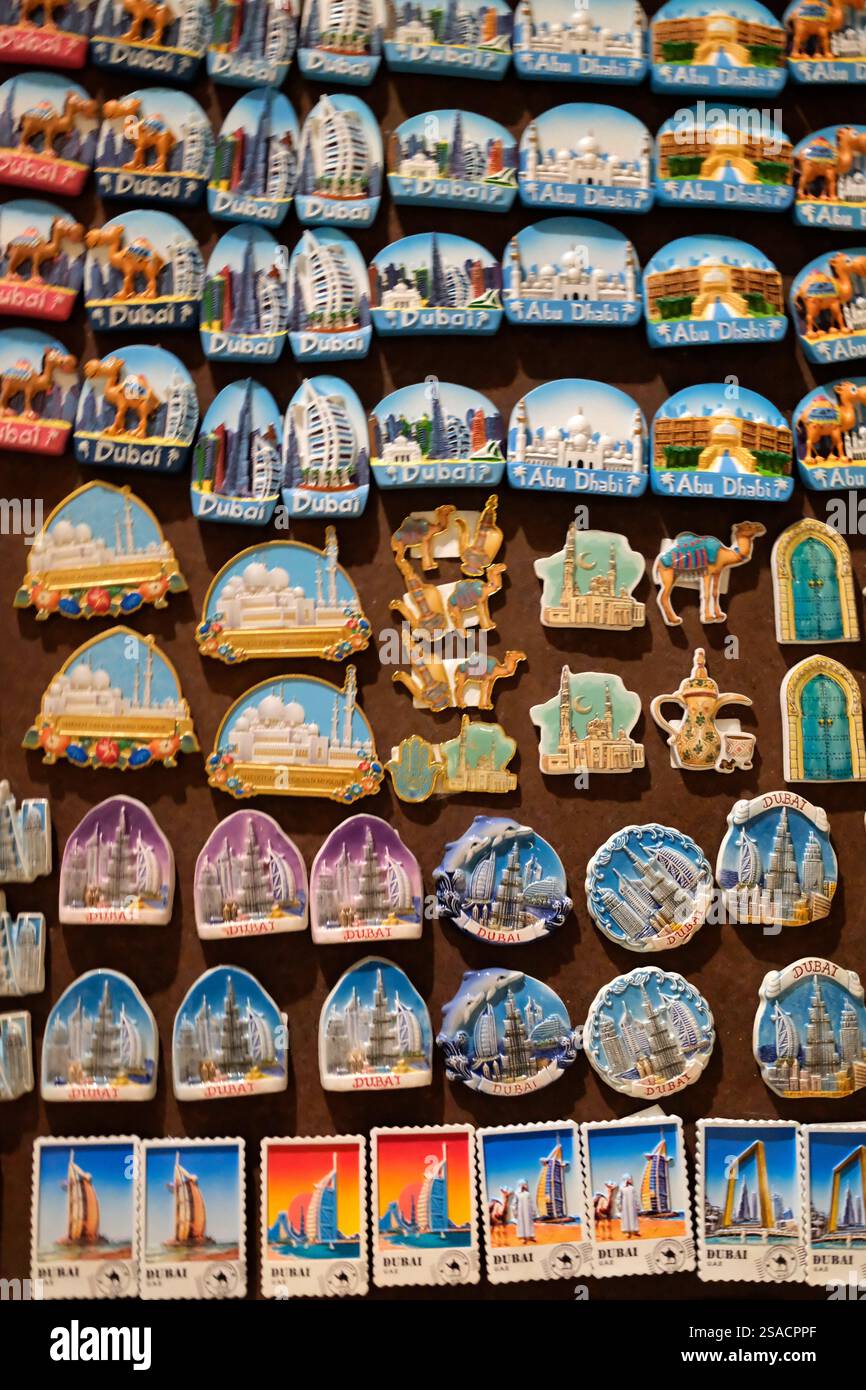 Souvenir shop in the Deira souk. Magnets. Dubai, UAE, United Arab ...