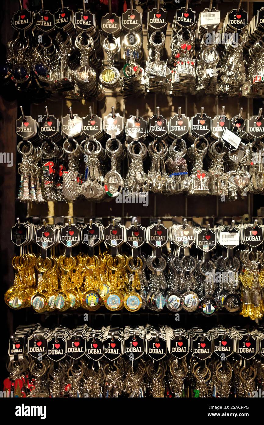 Souvenir shop in the Deira souk. Key rings. Dubai, UAE, United Arab ...