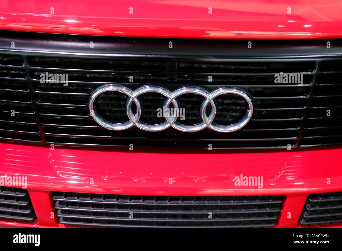 Audi Automobile Museum. Audi logo on a car radiator grill. Historic ...