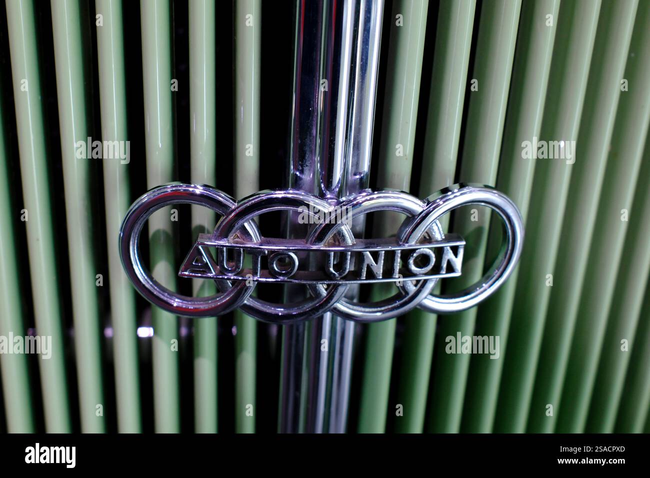 Audi Automobile Museum. Audi logo on a car radiator grill. Historic ...