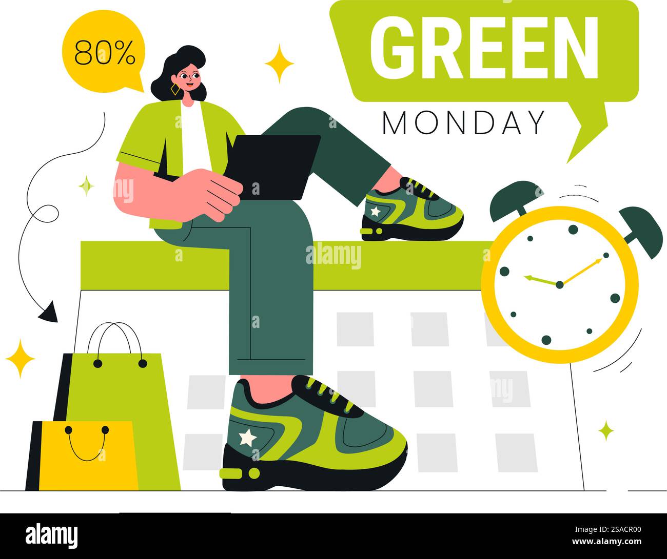 Green Monday Sale Vector Illustration featuring Shoppers Holding ...