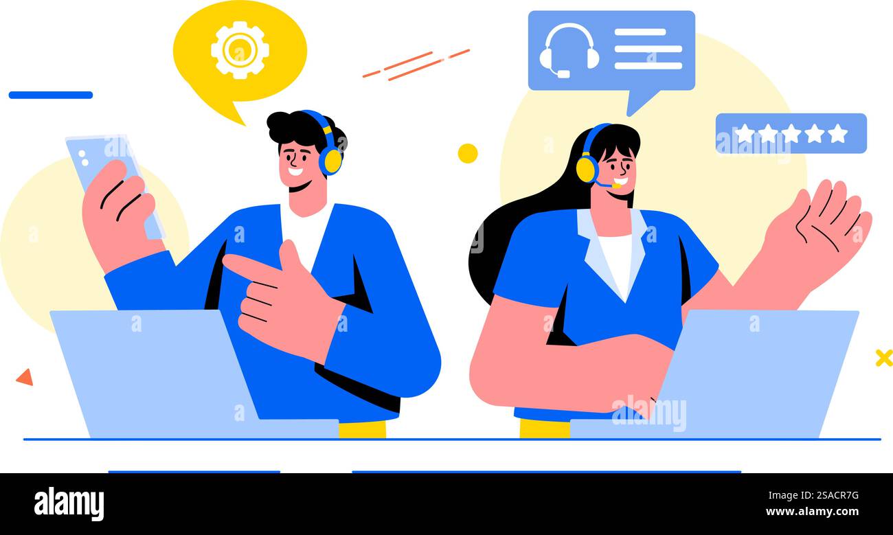 Call Center Agent Vector Illustration of Customer Service or Hotline Operator with Headsets or ...