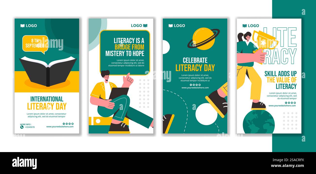 Literacy Day Social Media Stories Flat Cartoon Hand Drawn Templates ...