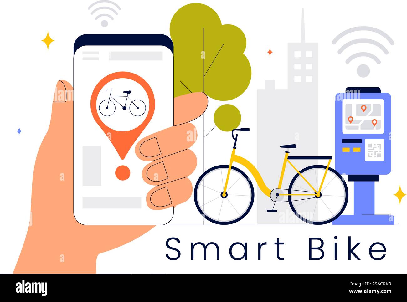 Smart Bike Vector Illustration featuring a Navigation App with a Map ...
