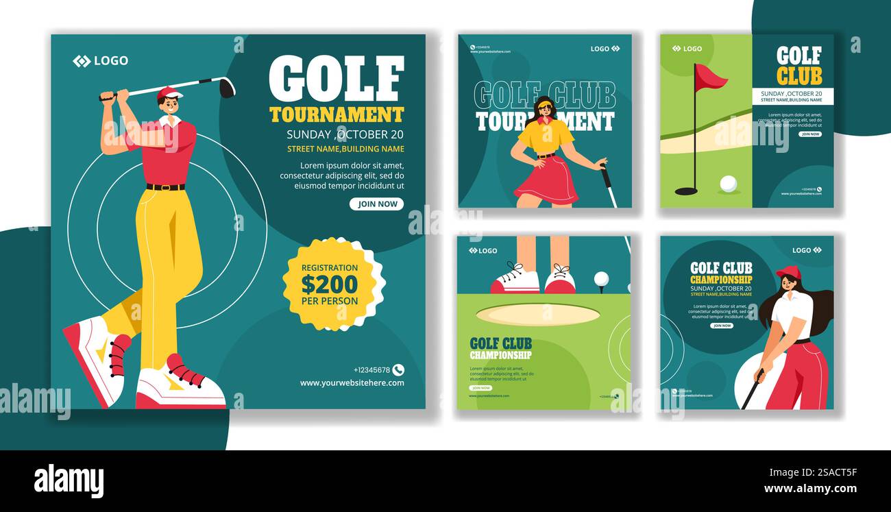 Golf Sport Social Media Post Flat Cartoon Hand Drawn Templates ...
