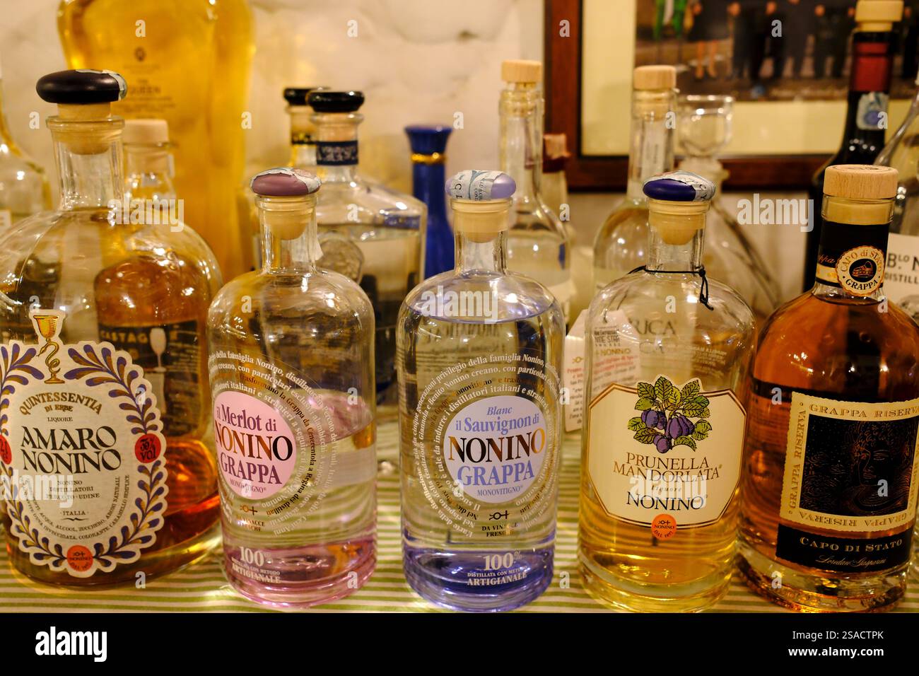 Selection of different alcohol in restaurant. Digestives. Italy Stock ...