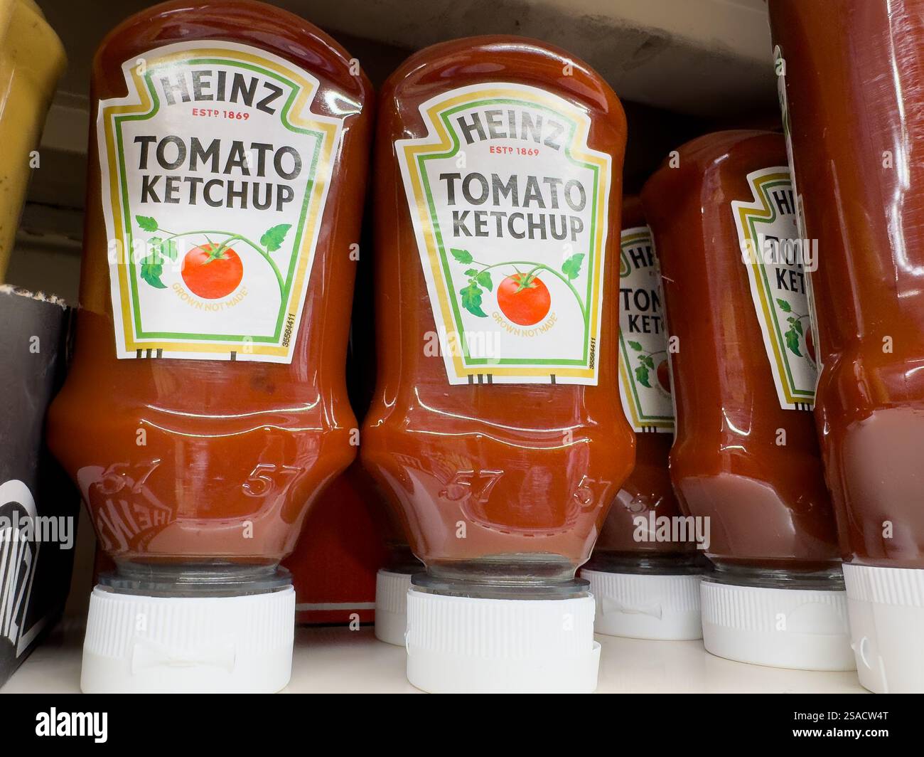 Bottles of tomato ketchup lined up on a grocery store shelf in daylight ...