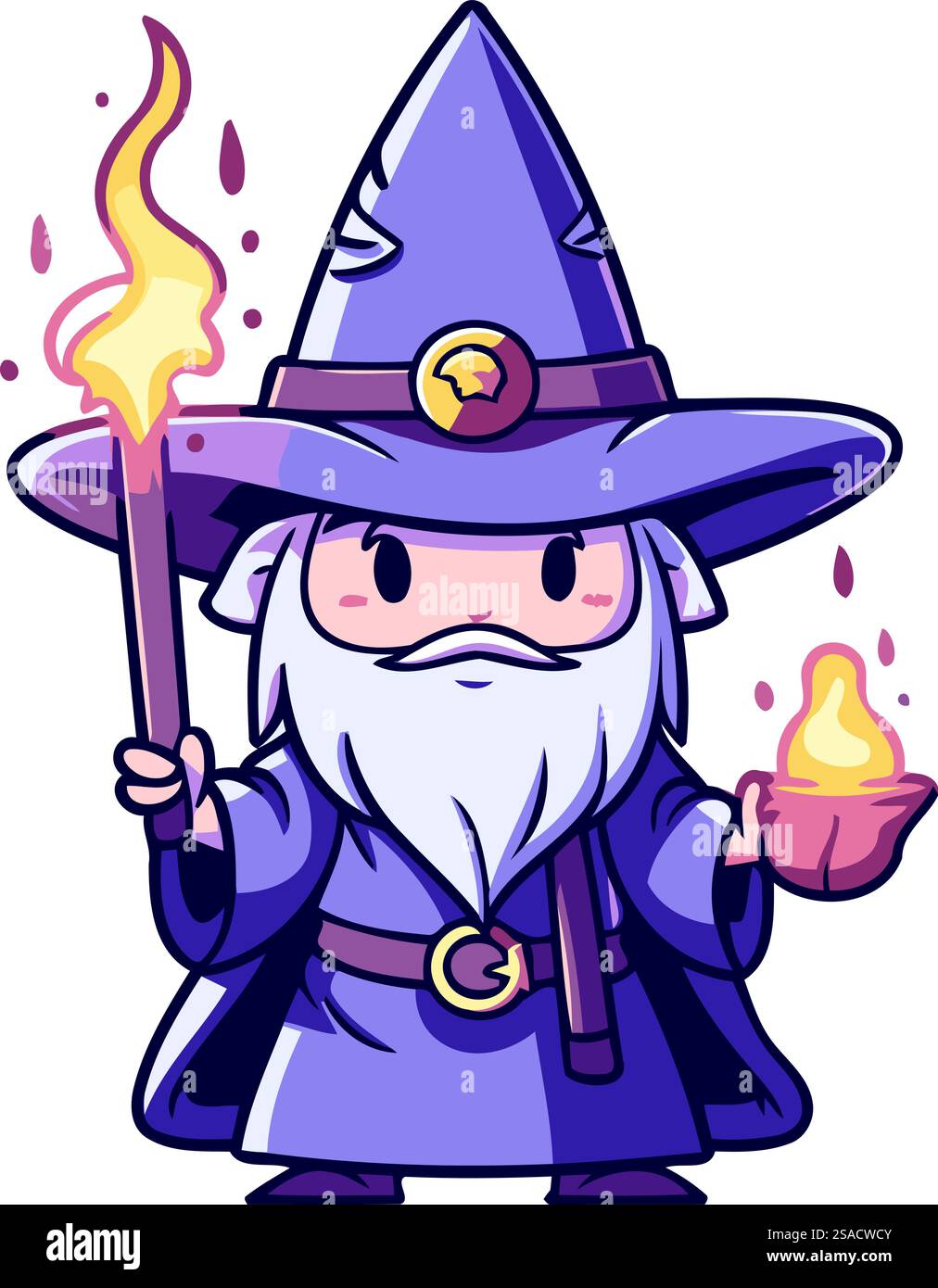 Funny cartoon wizard with magic wand and fire. Vector illustration ...