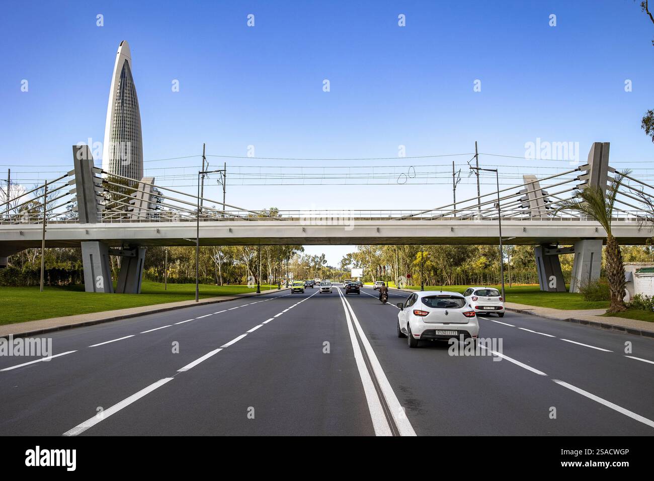 Road, railroad and Mohammed VI tower on the outskirts of Rabat-Sale ...