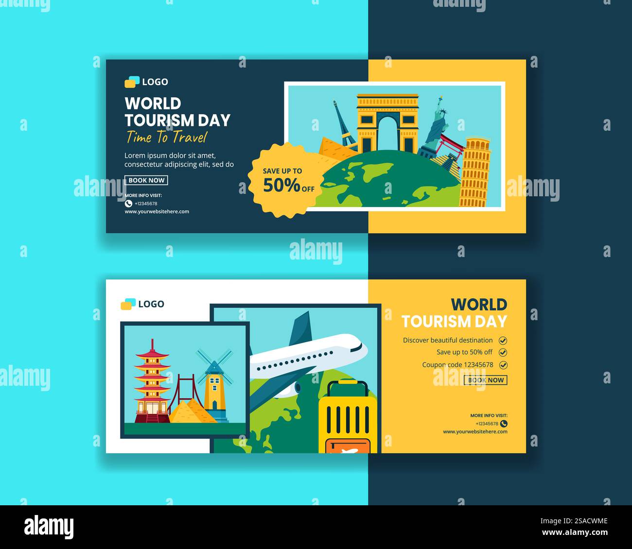 Tourism Day Horizontal Banner Flat Cartoon Hand Drawn Templates ...