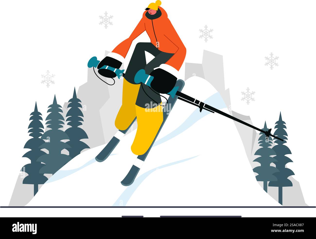 Skiing Vector Illustration featuring Skiers Sliding Down a Mountain at ...