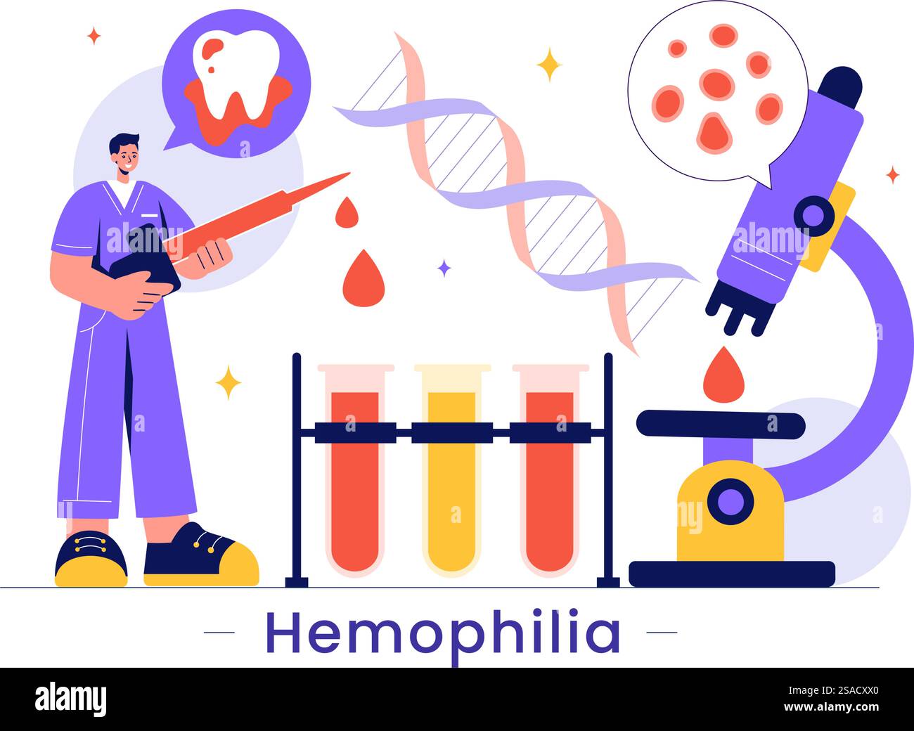 Hemophilia Vector Illustration Featuring a Doctor Examining an Injured Knee or Joint and Blood ...