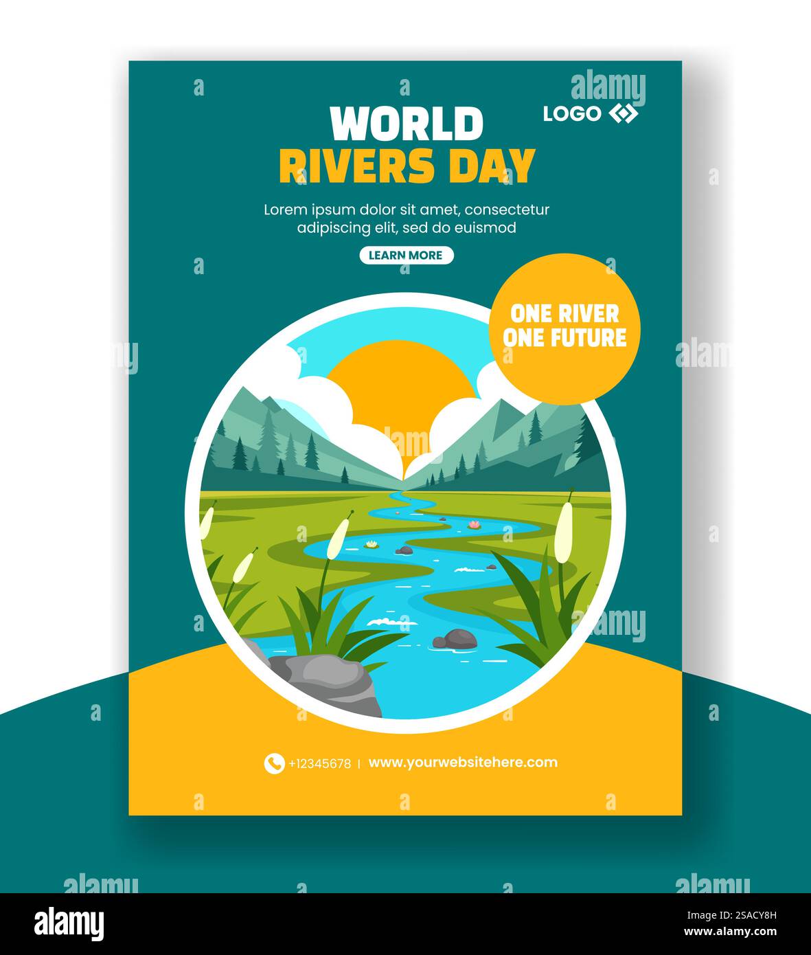 River Day Vertical Poster Flat Cartoon Hand Drawn Templates Background ...