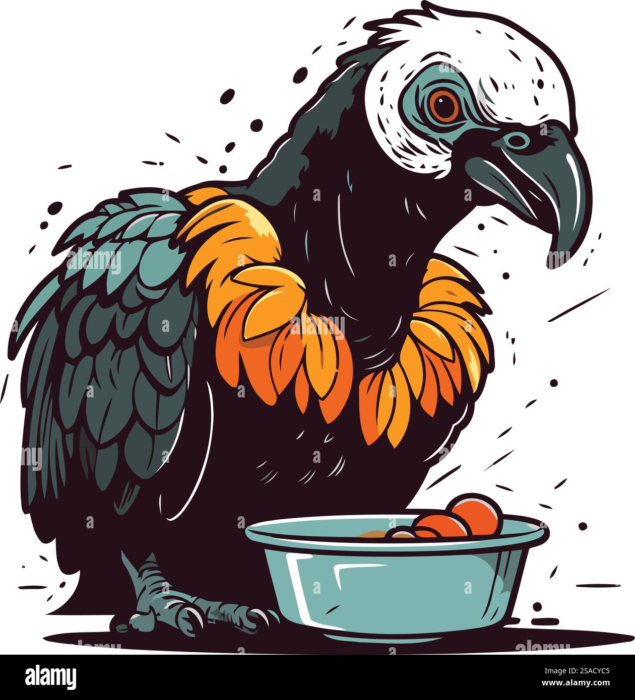 Vector illustration of a vulture eating from a bowl of food Stock ...