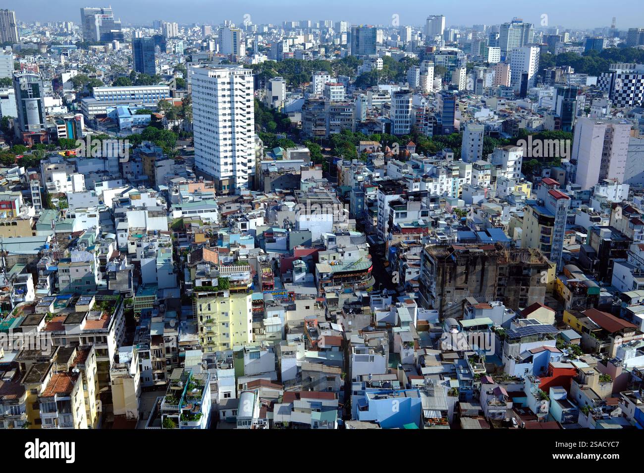 Ho Chi Minh city (or Saigon) skyline with colorful house. Saigon is the ...